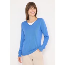 Strickpullover Cecil, Damen, Gr. L (42), fountain blau, Web, 60% Baumwolle, 40% Viskose, unifarben, comfort fit normal, V-Ausschnitt, Rippb&uuml;ndchen, Pullover Strickpullover, im soften Baumwoll-Mix