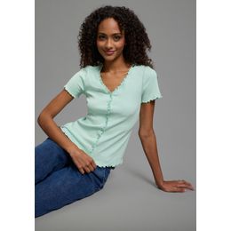T-Shirt Kangaroos, Damen, Gr. 52/54, hellgr&uuml;n, Rippware, Obermaterial: 100% Baumwolle, unifarben, figurbetont h&uuml;ftlang, V-Ausschnitt, gewellter Abschluss, Shirts T-Shirt, mit Knopfleiste und verspieltem Rollsaum