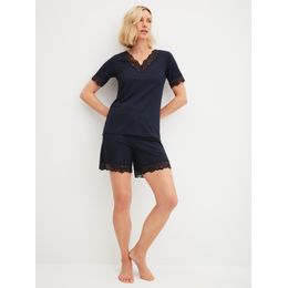 Shorty Calida "Elegant Dreams", Damen, Gr. S (40/42), schwarz lapis blau, Single Jersey, Obermaterial: 95% Modal (TENCEL&trade;), 5% Elasthan, comfort fit kurz, V-Ausschnitt, Spitzenkante, Homewear-Sets Shorty, mit s&uuml;&szlig;em Spitzenbesatz