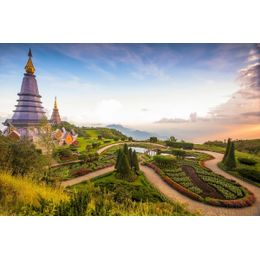papermoon Fototapete "CHIANG MAI PAGODEN-THAILAND GARTEN WOLKE SONNE PANORAMA", B/L: 4,5m x 2,8m, Bahnen: 9 Stk., bunt, Schlafzimmer, Tapeten
