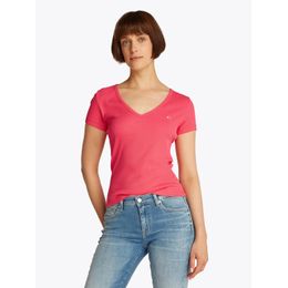 Tommy Jeans Damen Kurzarmshirt "TJW SLIM ESSENTIAL RIB V SS"amour, Gr. XS, unifarben, Single Jersey, Obermaterial: 95% Baumwolle, 5% Elasthan,