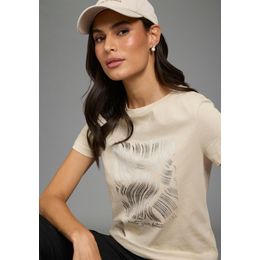 Laura Scott Damen T-Shirtbeige, Gr. 32, bedruckt, gemustert, Single Jersey, Obermaterial: 100% Baumwolle, Shirts, mit schimmerndem Folienprint,