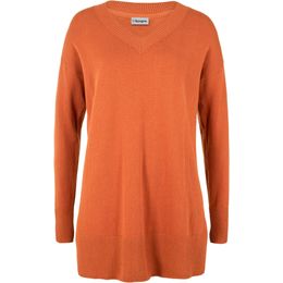 bonprix Damen Longpullover "Long-Pullover", braun, Gr. 56, unifarben, Feinripp, Obermaterial: 70% Baumwolle, 30% Polyamid, Pullover,