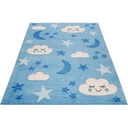 Kinderteppich Smart Kids, B:120cm H:9mm L:170cm, blau, Kunstfaser, Teppiche, "LaLeLu", Mond Sterne Wolken, Konturenschnitt