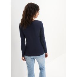 bonprix Damen Langarmshirt, blau, Gr. 56, unifarben, Web, Obermaterial: 100% Baumwolle, Shirts, leicht taillierte Passform, Rundhalsausschnitt, aus