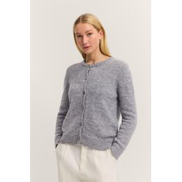 Cardigan Bugatti "Weich & warm", Damen, Gr. XS, grau (250, grau), 48% Polyamid, 22% Alpaka, 22% Polyacryl, 8% Wolle, unifarben, normal, Rundhals, B&uuml;ndchen, Strickjacken, mit Rundhals & Knopfleiste