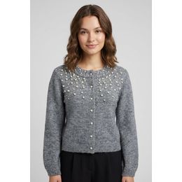 Only Damen Strickjacke "ONLMIGGIE LS O-NECK PEARL CARDIGA EX KNT"medium grau melange detail:fmop, Gr. L, Strick, Obermaterial: 70% Polyester, 15%