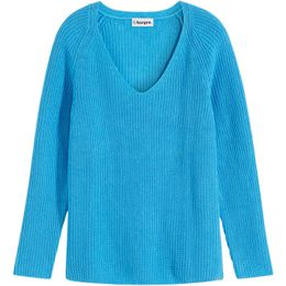 bonprix Damen Strickpullover "Gerippter Pullover aus reiner Baumwolle", blau, Gr. 44, unifarben, Strick, Obermaterial: 100% Baumwolle, Pullover, aus