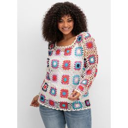Damen Strickpullover "Strickpullover", wei&szlig;, Gr. 48, sheego by Joe Browns, ethno, gemustert, mehrfarbig, 100% Polyacryl, Pullover