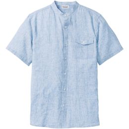 bonprix Herren Kurzarmhemd, blau, Gr. 45, meliert, Obermaterial: 55% Leinen, 45% Baumwolle, Hemden, Regular fit, aus Leinen-Baumwolle-Mix, mit