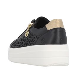 Remonte Damen Plateausneaker, Gr. 43schwarz, goldfarben, Leder, Lederimitat, Schuhe, Halbschuh, Schn&uuml;rschuh mit Perforation und seitlichem