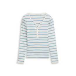 Tom Tailor Denim Damen Slim Fit Henley Langarmshirt, blau, Gestreift, Gr. S