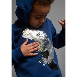 Kidsworld Jungen Kapuzensweatshirt "mit tollem Dino aus Wendepailletten", blau, Gr. 128, bedruckt, Jersey, Obermaterial: 100% Baumwolle, Sweatshirts,