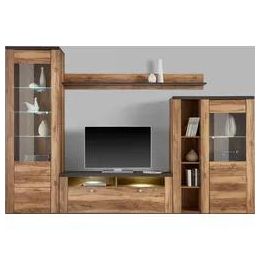 Wohnwand OTTO HOME "Larona, Anbauwand, Set 4 Teilig", braun (satin nussbaumfarben, schwarzwood), B:305cm, Kastenm&ouml;bel-Sets, Wohnwand, bestehend aus 1 TV-Board, 1 Highboard, 1 Vitrine, 1 Wandregal, Topseller