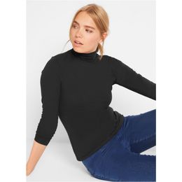Langarmshirt bonprix "Langarmshirt mit reiner Baumwolle", Damen, Gr. 56/58 (XXXL), schwarz, Web, Obermaterial: 95% Baumwolle, 5% Elasthan, unifarben, schmal normal, ohne Ausschnitt, gerader Abschluss, Shirts Langarmshirt, schmale Passform, mit Rollkragen, ohne Verschluss