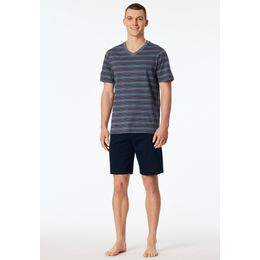 Shorty Schiesser "Casual Nightwear", Herren, Gr. 48, 808, blau, Single Jersey, Obermaterial: 100% Baumwolle, bequem kurz, V-Ausschnitt, Homewear-Sets Shorty, mit V-Ausschnitt und kurzem Arm, Oberteil gestreift