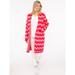 Longstrickjacke Zwillingsherz "Schalkragen & ZickZack", Damen, Gr. L/XL, rosa (pink rot), Strick, Obermaterial: 50% Viskose, 27% Polyester, 23% Nylon, mehrfarbig, bequem ca. Mitte Knie, V-Ausschnitt, gerader Abschluss, Strickjacken Longstrickjacke, Zick-Zack-Muster, Schalkragen, Taschen, Langarm, knielang