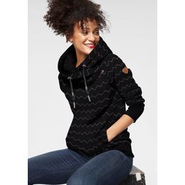 Kapuzensweatshirt Ragwear "GRIPY BUTTON CHEVRON O", Damen, Gr. XS, schwarz (schwarz 1010), Sweatware, Obermaterial: 70% Baumwolle, 30% Polyester, bedruckt, gemustert, kontrastfarbene Details, mehrfarbig, figurbetont h&uuml;ftbedeckend, asymmetrischer Ausschnitt, Rippb&uuml;ndchen, Sweatshirts Kapuzensweatshirt, Hoodie mit hochschie&szlig;endem Schalkragen mit Zierknopfbesatz