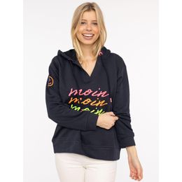 Hoodie Zwillingsherz "Moin Moin Moin", Damen, Gr. L/XL, blau (marine), Jersey, Obermaterial: 50% Baumwolle, 50% Polyester, unifarben mit Farbeins&auml;tzen, h&uuml;ftbedeckend, V-Ausschnitt, Sweatshirts Hoodie, V-Ausschnitt, bunte Stickerei, Kapuze, Kordelzug