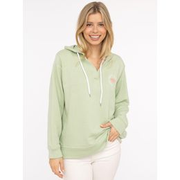 Hoodie Zwillingsherz "Smile Everyday Enjoy", Damen, Gr. S/M, gr&uuml;n (salbei), Jersey, Obermaterial: 50% Baumwolle, 50% Polyester, unifarben mit Farbeinsatz, V-Ausschnitt, Sweatshirts Hoodie, mit V-Ausschnitt, gro&szlig;er Botschaft auf dem R&uuml;cken, Kapuze, Kordelzug
