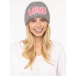 Beanie Zwillingsherz "Love Label", Damen, grau, Strick, Materialmix, M&uuml;tzen Beanie, mit LOVE-Schriftzug und Wollanteil