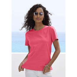 Beach Time T-Shirt BEACHTIME "mit modischem Schlitz am Saum", Damen, Gr. 44/46, orange (koralle), Single Jersey, Obermaterial: 100% Baumwolle, unifarben, Basic, figurumspielend, Rundhals, Shirts T-Shirt, aus hochwertiger Baumwoll-Qualit&auml;t, Topseller