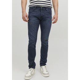 Jack & Jones Slim-fit-Jeans JACK & JONES "JJIGLENN &ndash; Slim-Fit-Jeans mit niedriger Leibh&ouml;he", Herren, Gr. 31, L&auml;nge 32, blau (denim, blau), Denim/Jeans, Obermaterial: 98% Baumwolle, 2% Elasthan, Abriebeffekte, slim fit, Jeans Slim-fit-Jeans, Used, modisch, slim fit, Denim/Jeans