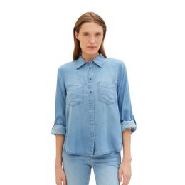 Jeansbluse Tom Tailor, Damen, Gr. 46, blau (clean mid stone blau denim), Denim/Jeans, Obermaterial: 100% Lyocell, bequem normal, Rundhals, Blusen Jeansbluse, mit Lyocell und Kentkragen
