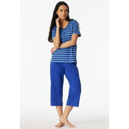 Schlafanzug Schiesser "Casual Essentials", Damen, Gr. 36, 819, blau, Single Jersey, Obermaterial: 100% Baumwolle, regular fit 3/4-L&auml;nge, V-Ausschnitt, Homewear-Sets Schlafanzug, mit modisch umgeschlagenen &Auml;rmeln