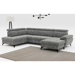Wohnlandschaft COTTA "Hudson U-Form, B: 324 cm", grau (steel), B:324cm T:207cm, Sofas, Wohnlandschaft, mit Kopfteilverstellung, optional Bettfunktion & Bettkasten