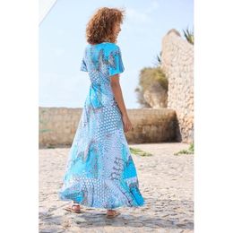 Buffalo Maxikleid blau Gr. 36 f&uuml;r Damen. V-Ausschnitt und Allover-Druck. Figurbetont. Nachhaltig.