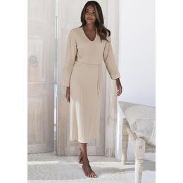 Lascana Strickkleid mehrfarbig Gr. 44/46 f&uuml;r Damen. V-Ausschnitt und Bindeband. Figurumspielend