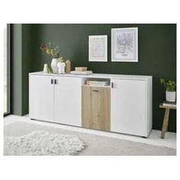 Sideboard Home Affaire "Hudson", wei&szlig; (wei&szlig;, eiche), B:200cm H:80cm T:42cm, Holzwerkstoff, Sideboards, Sideboard, in moderner Trendfarbe, Griffe aus Metall (Schwarz), Breite 200 cm