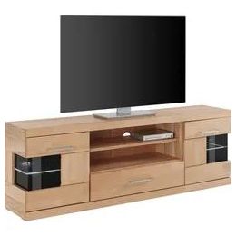 Lowboard OTTO HOME "Ribe,160cm breit,55cm hoch,Oberplatte massiv", beige (kernbuche teilmassiv), B:160cm H:55cm T:35cm, Holz teilmassiv, Sideboards, Lowboard, Korpus Holzwerkstoff,Glaseinsatz aus geh&auml;rtetem Glas,B&ouml;den versetzbar
