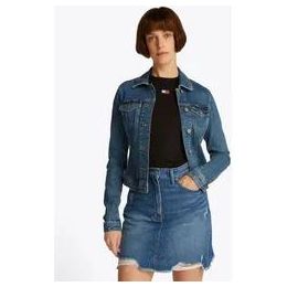 Tommy Hilfiger Jeansjacke TOMMY JEANS "VIVIANNE SKN JACKET EXT BI8130", Damen, Gr. S (36), blau (denim medium), Denim/Jeans, Obermaterial: 99% Baumwolle, 1% Elasthan, unifarben, skinny fit kurz, &Auml;rmel mit &Auml;rmelschlitz 1-Knopf-Manschette, Jacken Jeansjacke, mit Logo-Badge