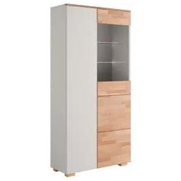 Vitrine OTTO HOME "CITRA70,viel Stauraum, Wohnzimmer,T&uuml;r mit Glaseinsatz, Trendfarbe Grau", braun (braun und grau), B:90cm H:185cm T:35cm, FSC-zertifizierter Holzwerkstoff, Massivholz, Schr&auml;nke, Vitrine, B/T/H:90/35/185cm, Kernbuche teilmassiv, push to open T&uuml;ren, 10F&auml;cher