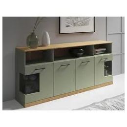 Sideboard OTTO HOME "Ribe,180cm breit,80cm hoch, 9 F&auml;cher", salbei, eiche, B:180cm H:80cm T:35cm, FSC-zertifizierter Holzwerkstoff, Massivholz, Sideboards, Sideboard, Oberplatte Eiche massiv,schwarze Metall Griffe,2 T&uuml;ren mit Glaseinsatz