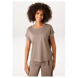 T-Shirt Aniston CASUAL, Damen, Gr. 36, braun (taupe), Single Jersey, Obermaterial: 65% Viskose, 35% Polyester, unifarben, l&auml;ssig geschnitten h&uuml;ftlang, Rundhals, Umschlagbund, Shirts T-Shirt, mit fixiertem &Auml;rmel-Umschlag - NEUE KOLLEKTION
