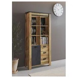 Vitrine Home Affaire "York, moderner Hochschrank, Schrank in Hunton Oak Dekor", grau (braun), B:93cm H:200cm T:37cm, Schr&auml;nke, Vitrine, mit Apothekergriffen aus Metall, Industrialdesign, 200 cm hoch
