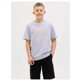 Jack & Jones T-Shirt JACK & JONES JUNIOR "JJDETROIT TEE SS CREW NECK JNR", Jungen, Gr. 128, lila (languid lavender), Single Jersey, Obermaterial: 100% Baumwolle, bedruckt, relaxed fit, Rundhals, Shirts T-Shirt