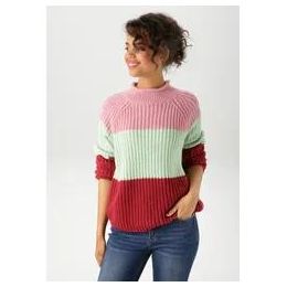 Strickpullover Aniston CASUAL, Damen, Gr. 46, rot (malve, lindgr&uuml;n, bordeaux), Grobstrick, Obermaterial: 100% Polyacryl, colorblocking, gestreift, figurumspielend h&uuml;ftlang, Raglan&auml;rmel Rippstrickb&uuml;ndchen, Pullover Strickpullover, im trendfarbigen Color-Blocking, Topseller