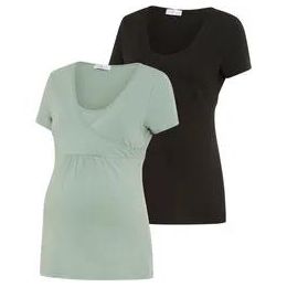 Umstandsshirt Neun Monate "2er Pack Umstands-T-Shirt", Damen, Gr. 36/38, salbei gr&uuml;n, schwarz, Jersey, Obermaterial: 95% Baumwolle, 5% Elasthan, unifarben, ausgestellt, Rundhals, Shirts Umstandsshirt, ausgestellte Passform, Kurzarm, Wickeloptik mit Stillm&ouml;glichkeit