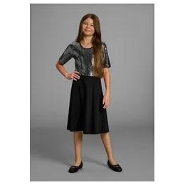 Jerseykleid Bruno Banani "Kleid in Pailletten-Optik", M&auml;dchen, Gr. 176/182, N-Gr, silberfarben, Jersey, Obermaterial: 80% Polyamid, 15% metallisierte Fasern, 5% Elasthan. Futter: 100% Baumwolle. Unterteil: 65% Polyester, 35% Baumwolle. Unteres Obermaterial: 65% Polyester, 35% Baumwolle, Glitzermuster, festlich, ausgestellt knielang, Rundhals, Kleider Jerseykleid, F&uuml;r TEENS. Shirtkleid in Paillette