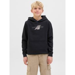 Jack & Jones Kapuzensweatshirt JACK & JONES JUNIOR "JCOTIER FRONT PRINT SWEAT HOOD JNR", Jungen, Gr. 140, schwarz, angeraute Sweatware, Obermaterial: 70% Baumwolle, 30% Polyester, bedruckt, relaxed fit, Rippb&uuml;ndchen, Sweatshirts