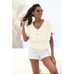 V-Shirt Lascana, Damen, Gr. 32/34, beige (creme), Jersey, Obermaterial: 98% Polyester, 2% Elasthan, unifarben, figurumspielend h&uuml;ftlang, V-Ausschnitt, Shirts, mit breitem Smoksaum und Kopfleiste, Blusenshirt, sommerlich