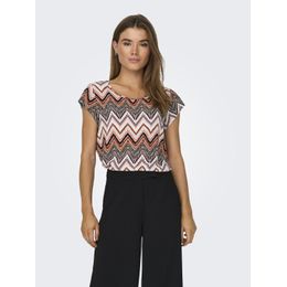 Shirtbluse Only "ONLVIC S/S AOP TOP NOOS PTM", Damen, Gr. 38 (M), wei&szlig; (cloud dancer aop:arabian zigzag), Web, Obermaterial: 97% Polyester, 3% Elasthan, gemustert, regular fit h&uuml;ftlang, Rundhals, Blusen, mit Allover Druck
