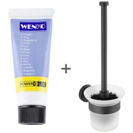 Wenko WC-Garnitur &raquo;Modell Bosio&laquo; 2 Stk. aus Edelstahl Glas inkl. Kleber, zur Wandbefestigung ohne Bohren, Halterung aus Edelstahl schwarz Edelstahl, 