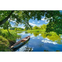 papermoon Fototapete &raquo;FR&Uuml;HLINGS-LANDSCHAFT-FLUSS BOOT B&Auml;UME STRAND UFER WALD&laquo; bunt Vlies