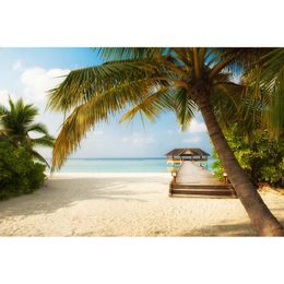 papermoon Fototapete &raquo;PALMEN-STRAND-KARIBIK S&Uuml;DSEE MEER D&Uuml;NEN STEG SONNE&laquo; bunt Vlies