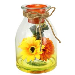 I.GE.A. Teelichthalter &raquo;Teelichthalter aus Glas mit Teelichtkerze&laquo; Herbstlich dekoriert mit Sonnenblume Dahlie Eukalyptus Kerze Windlicht orange Glas